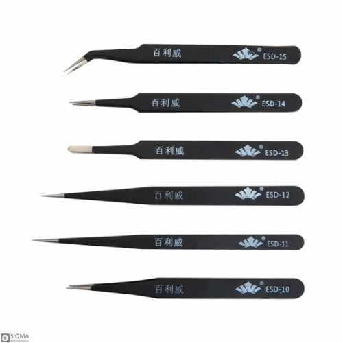 6 PCS Anti-Static ESD Stainless Steel Tweezer Set [ ESD 10-15 ]