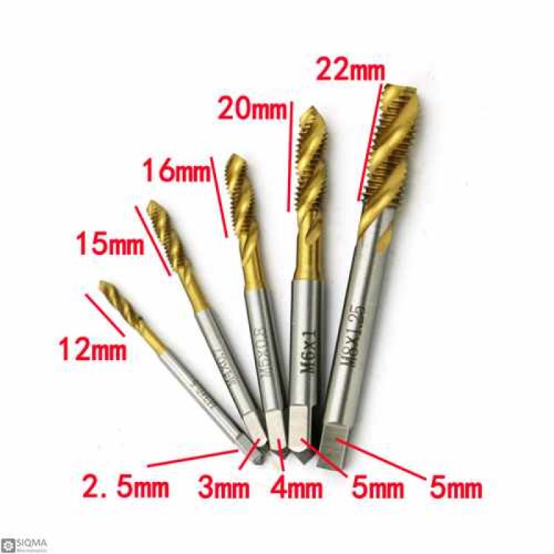 M3-M8 Titanium Coated HSS Spiral Flute Metric Taps Set